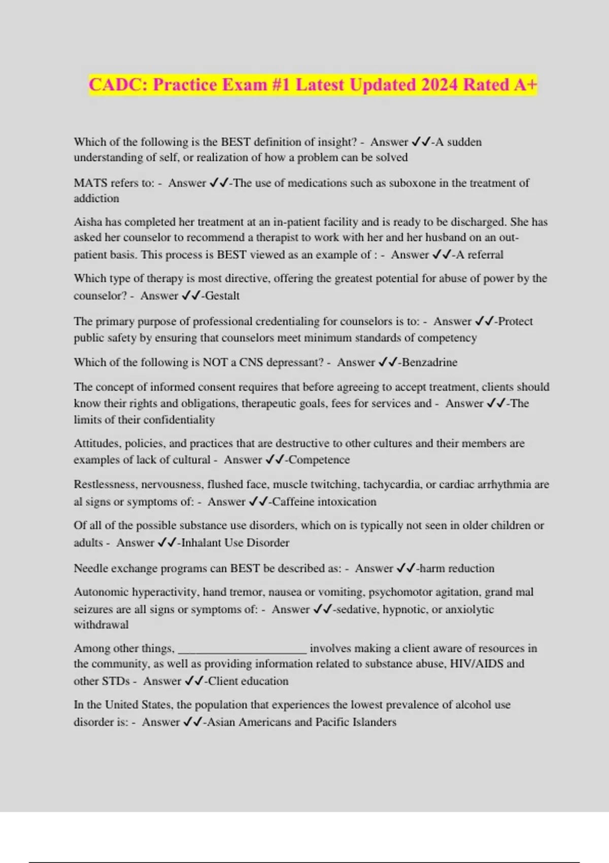 CADC: Practice Exam #1 Latest Updated 2024 Rated A+ - CADC Illinois ...