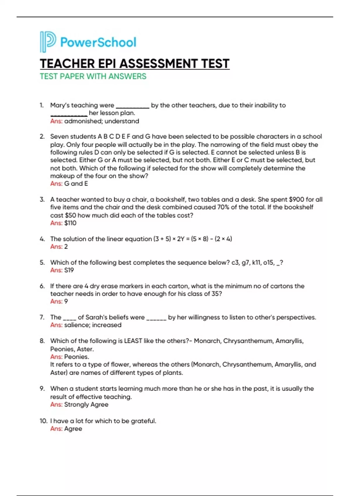 Teachers EPI Assesment Test- Solved Qus - Teachers EPI Assessment Test ...