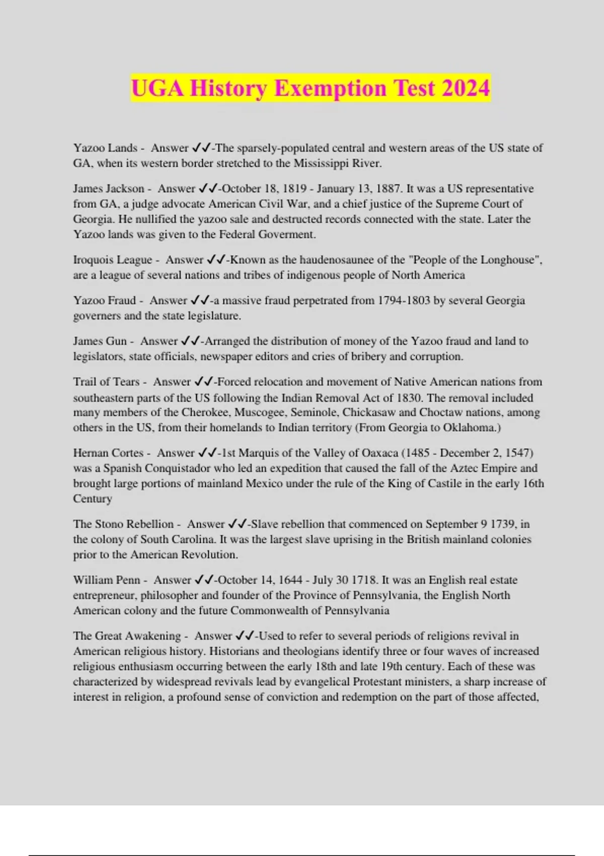 UGA History Exemption Test 2024 - UGA History - Stuvia US