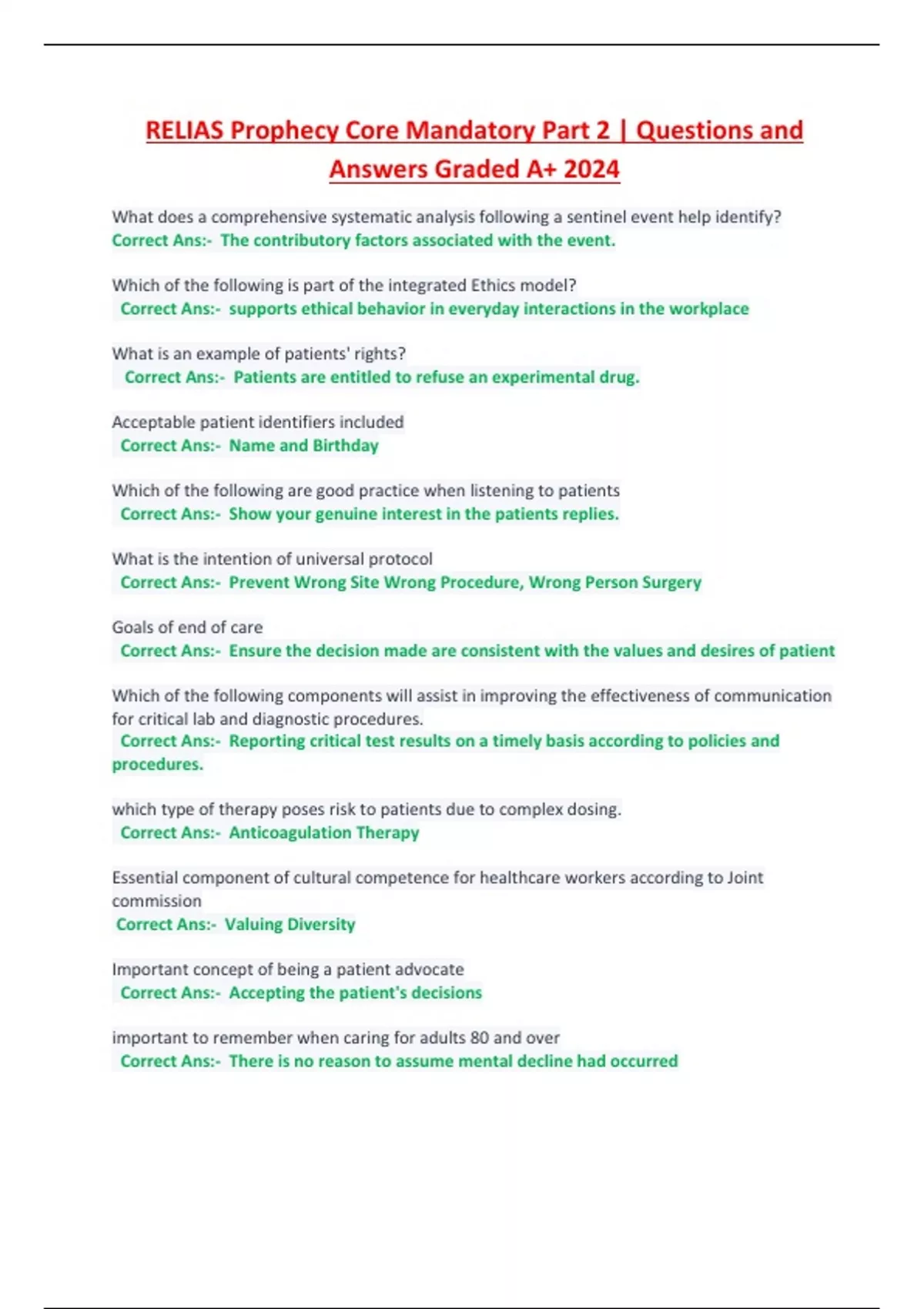 RELIAS Prophecy Core Mandatory Part 2 | Questions and Answers Graded A+ ...