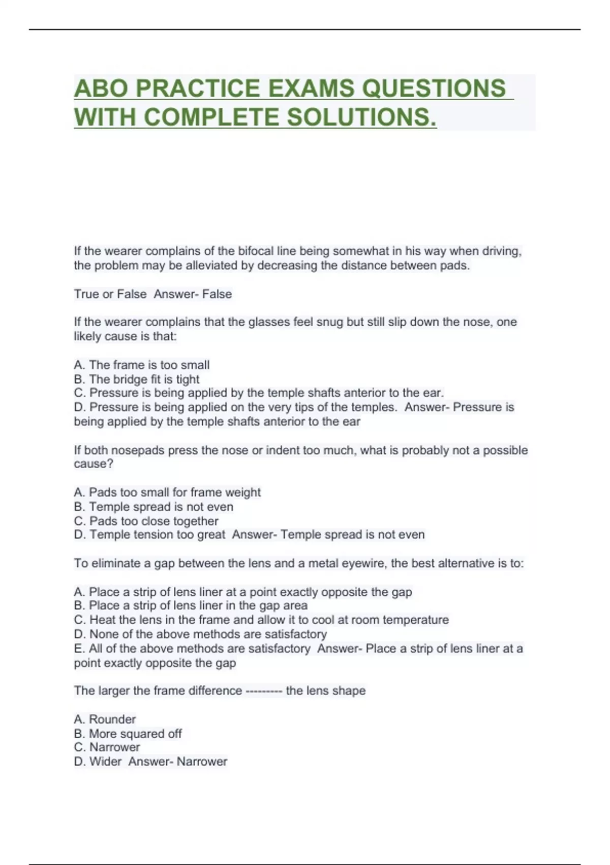 ABO PRACTICE EXAMS QUESTIONS WITH COMPLETE SOLUTIONS. - ABO - Stuvia US