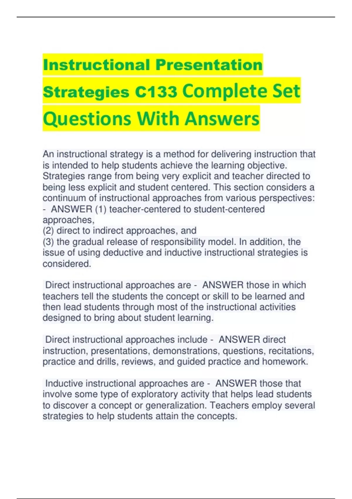 Instructional Presentation Strategies C133 Complete Set Questions With ...