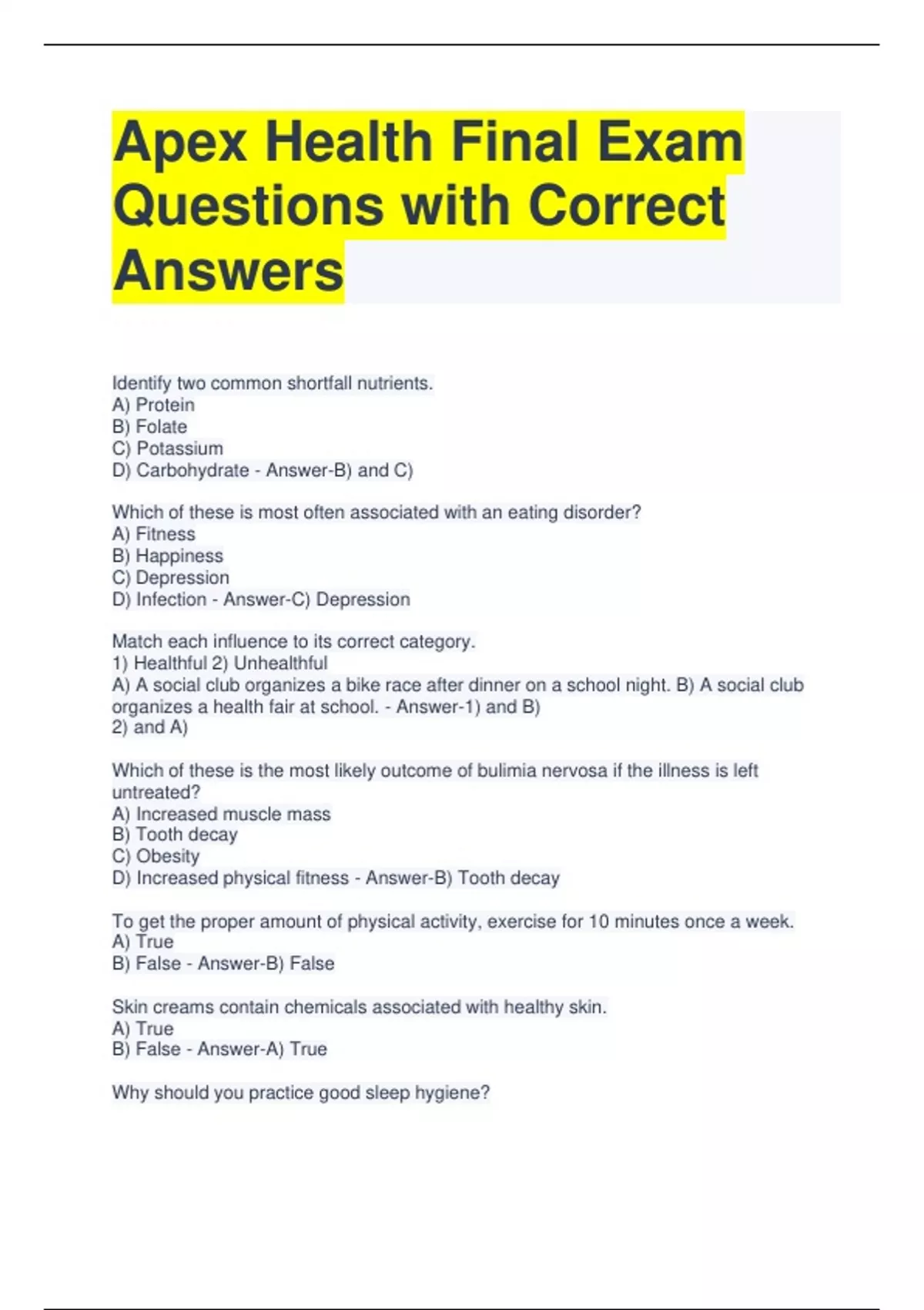 Apex Health Final Exam Questions with Correct Answers - Apex Health ...