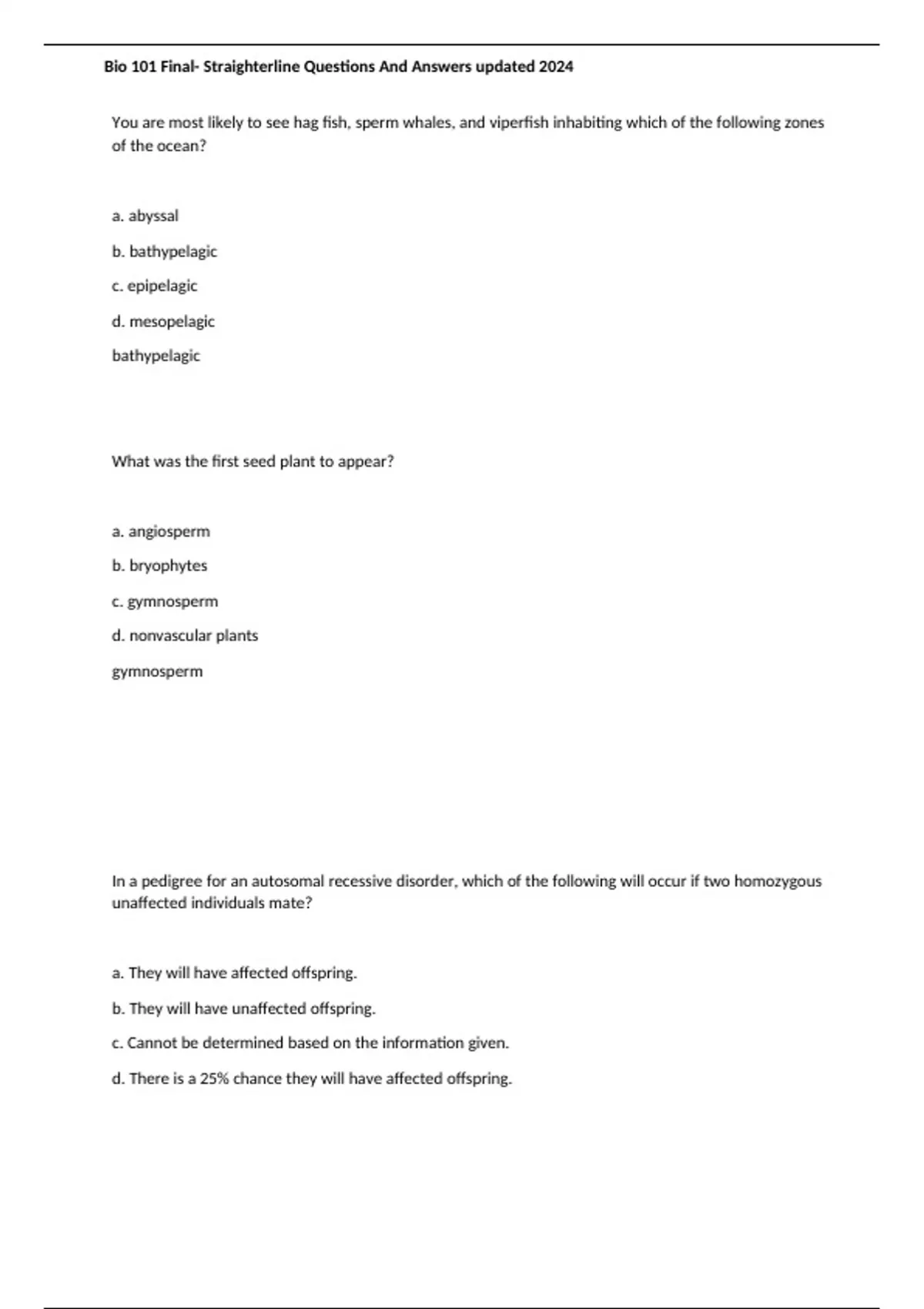 Bio 101 Final- Straighterline Questions And Answers updated 2024 - Bio ...