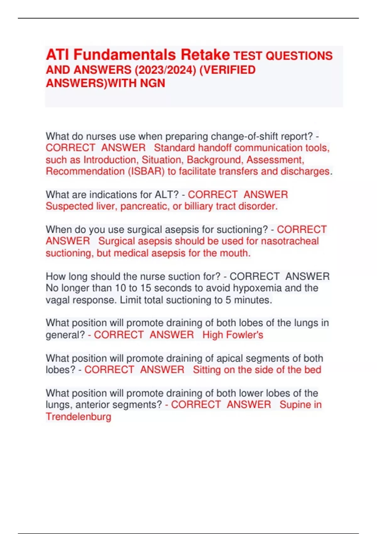 ATI Fundamentals Retake TEST QUESTIONS AND ANSWERS (2023/2024 ...