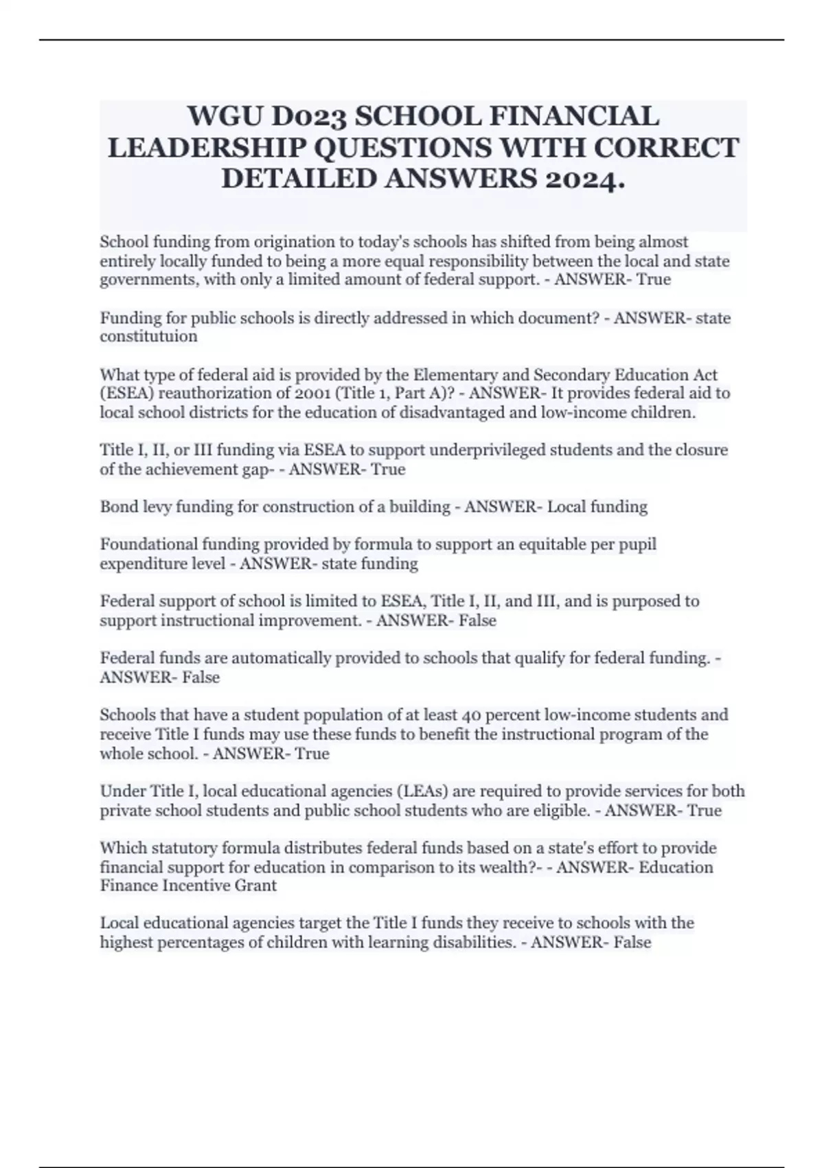 WGU D023 SCHOOL FINANCIAL LEADERSHIP QUESTIONS WITH CORRECT DETAILED ANSWERS 2024. - WGU D023 ...