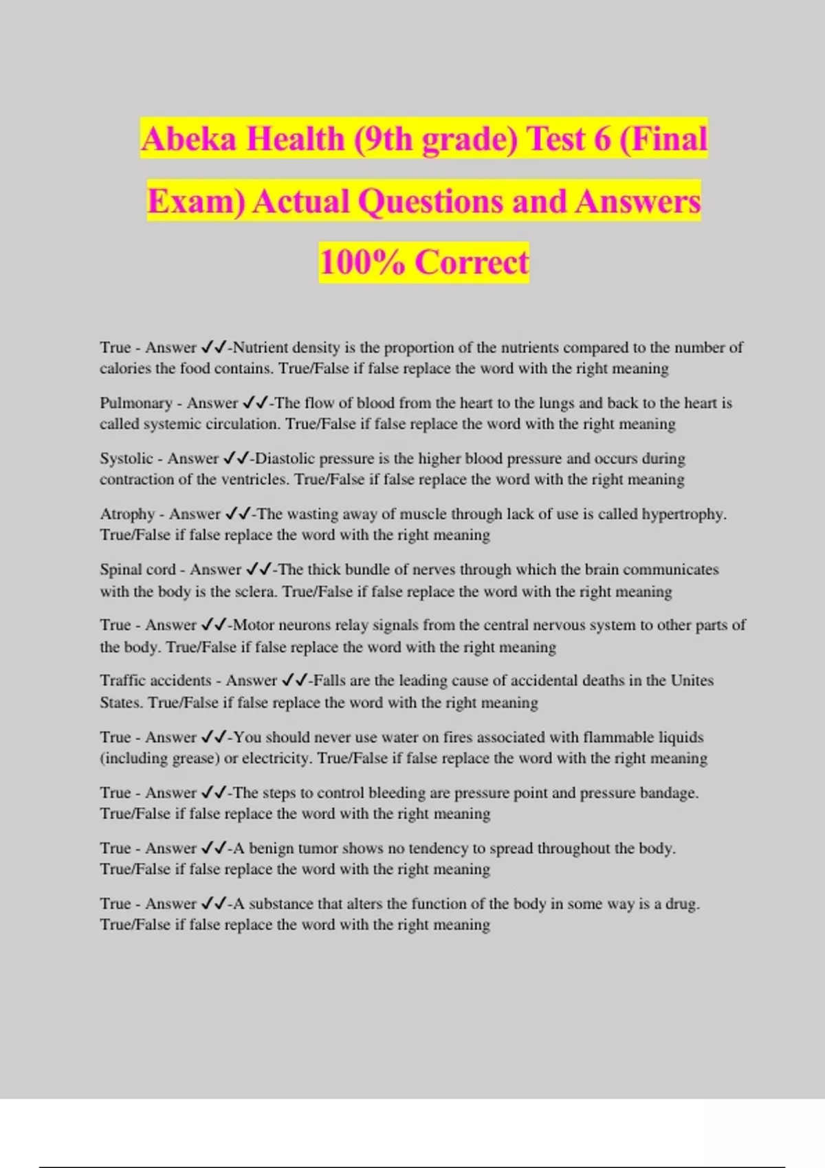Abeka Health (9th grade) Test 6 (Final Exam) Actual Questions and ...