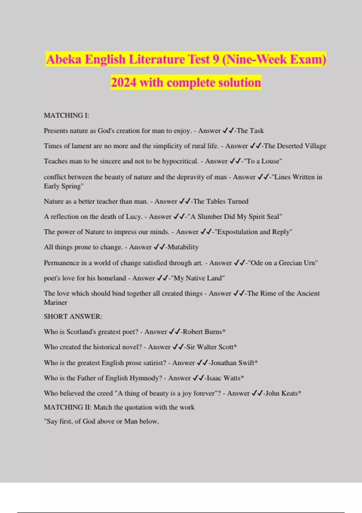 Abeka English Literature Test 9 (Nine-Week Exam) 2024 with complete ...
