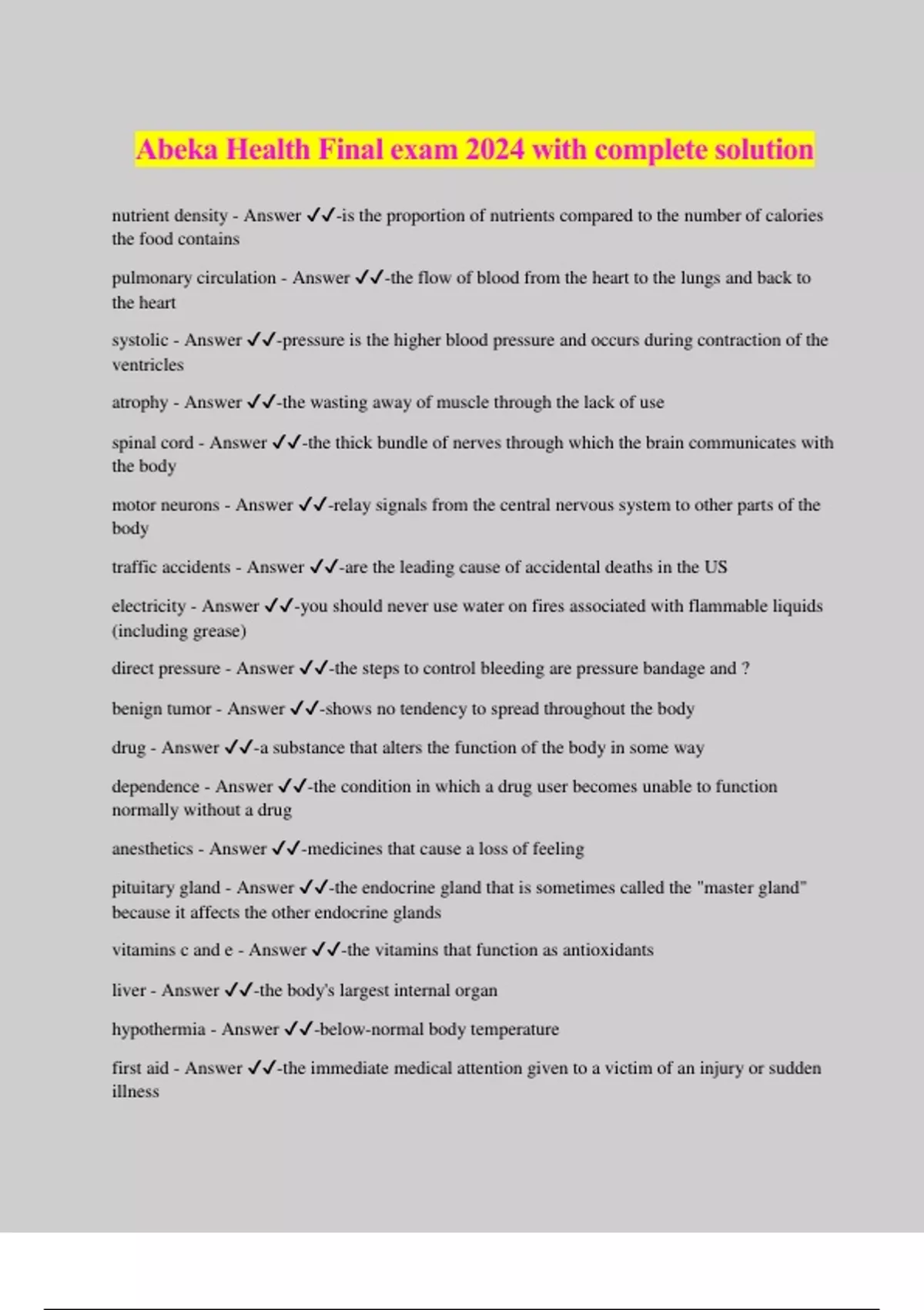 Abeka Health Final exam 2024 with complete solution - Abeka - Stuvia US