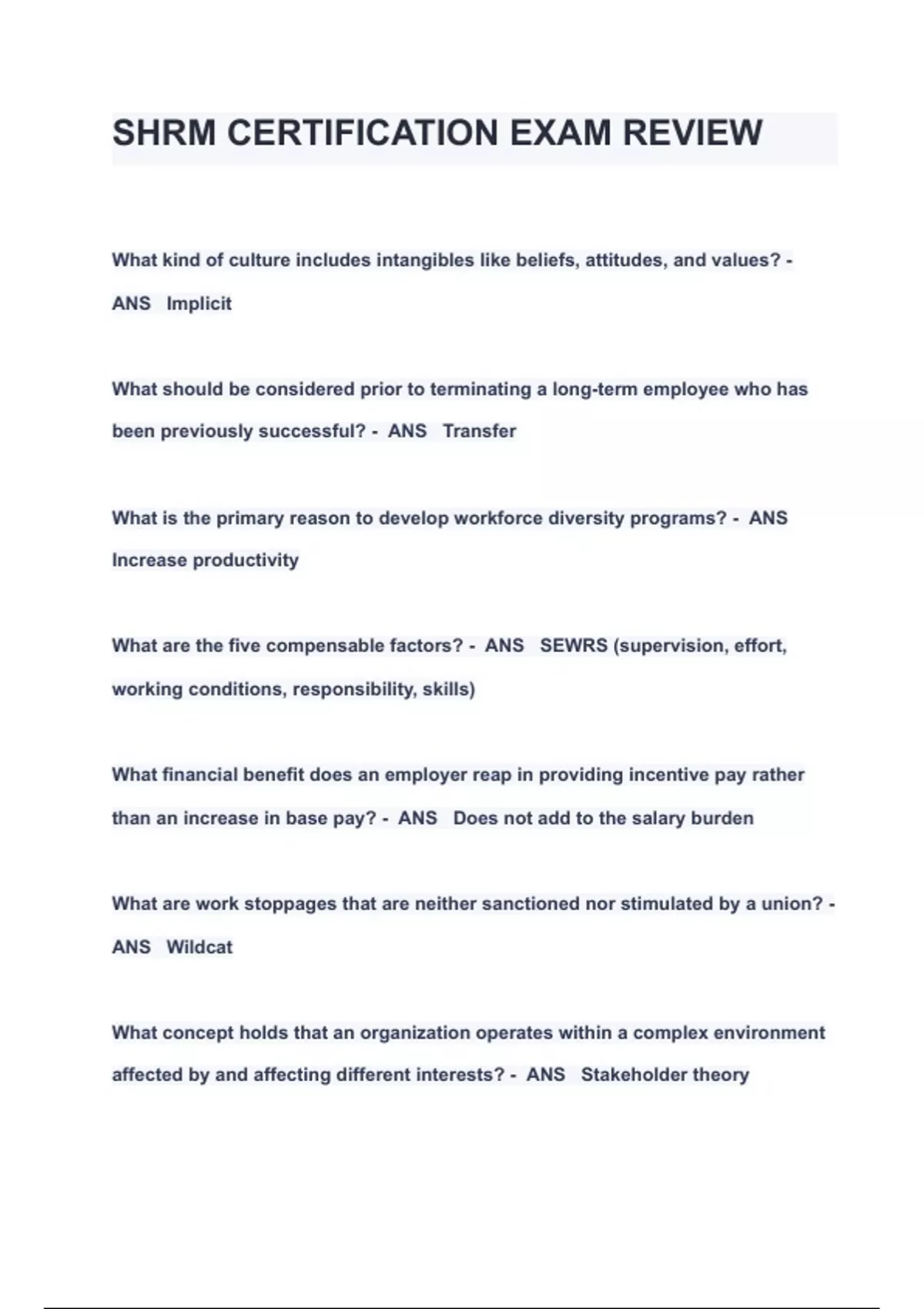 SHRM CERTIFICATION EXAM REVIEW QUESTIONS & ANSWERS 2024 ( A+ GRADED 100 ...