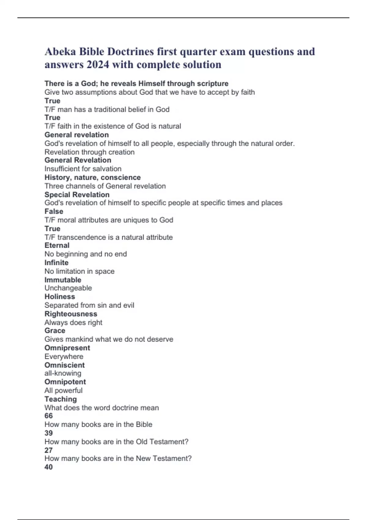 Abeka Bible Doctrines first quarter exam questions and answers 2024 ...