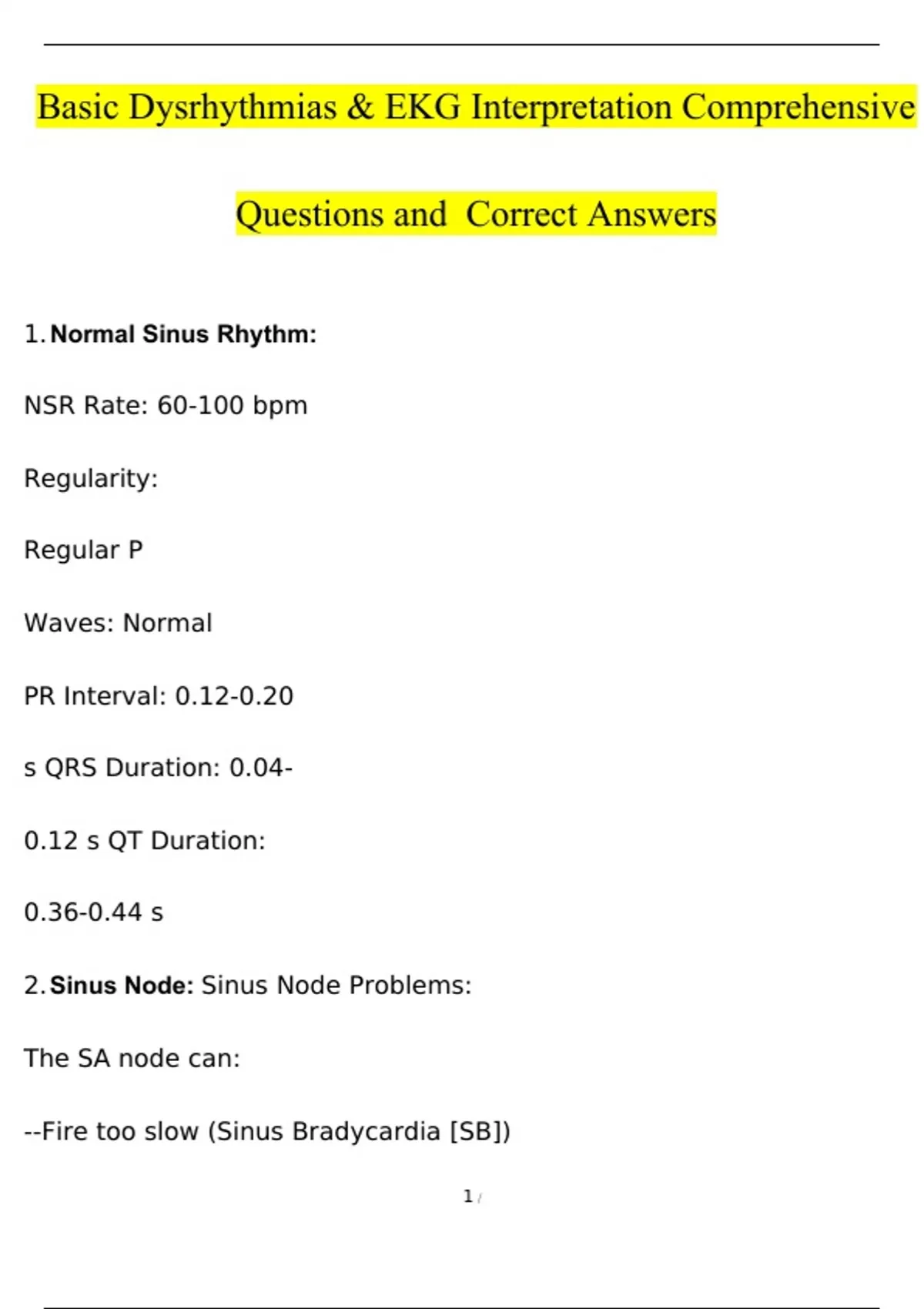 Basic Dysrhythmias & EKG Interpretation Comprehensive Question and ...