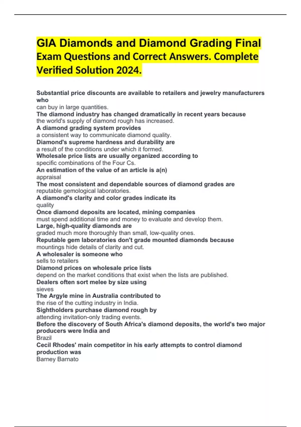 GIA Diamonds and Diamond Grading Final Exam Questions and Correct ...