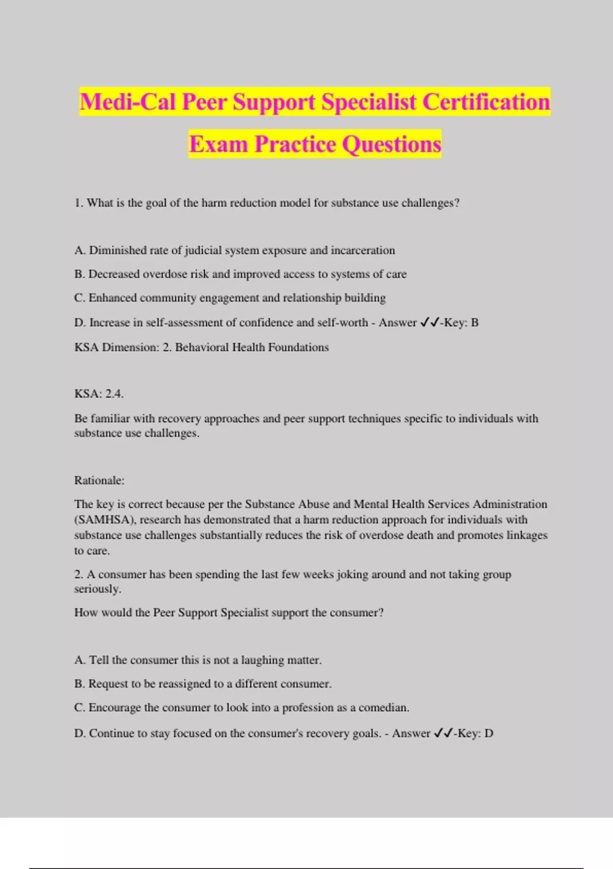 Medi Cal Peer Support Specialist Certification Exam Practice Questions