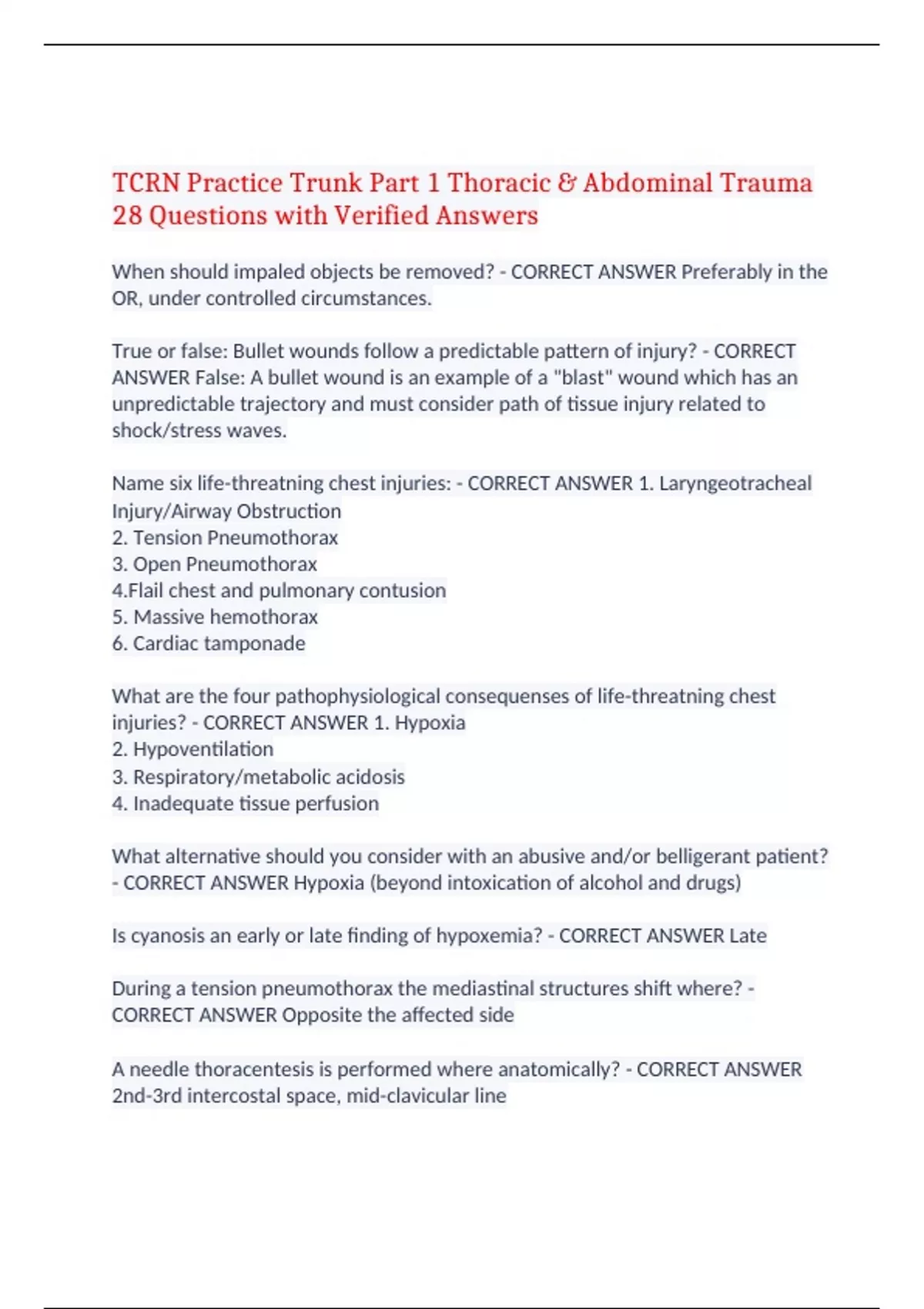 TCRN Practice Trunk Part 1 Thoracic & Abdominal Trauma 28 Questions ...