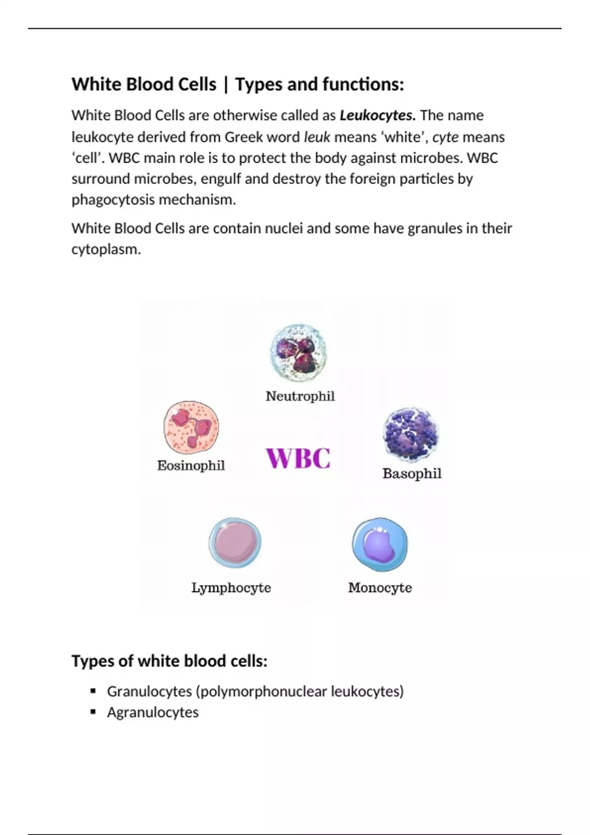 White Blood Cells - Types and functions - HAP260 - Stuvia US