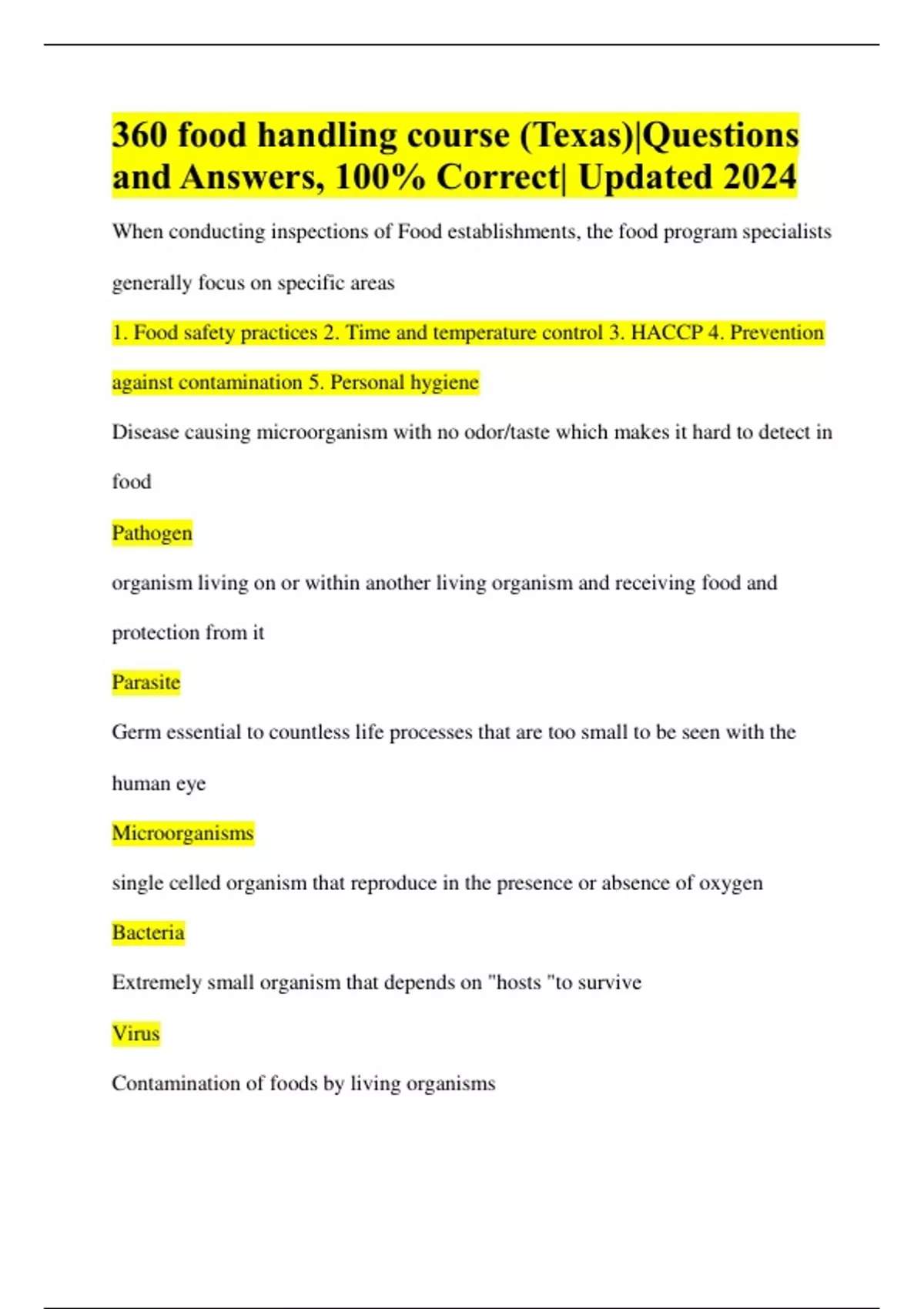 360 food handling course (Texas)|Questions and Answers, 100% Correct ...