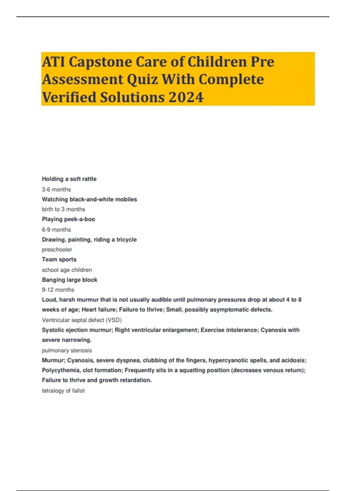 ATI Capstone Care of Children Pre Assessment Quiz With Complete ...