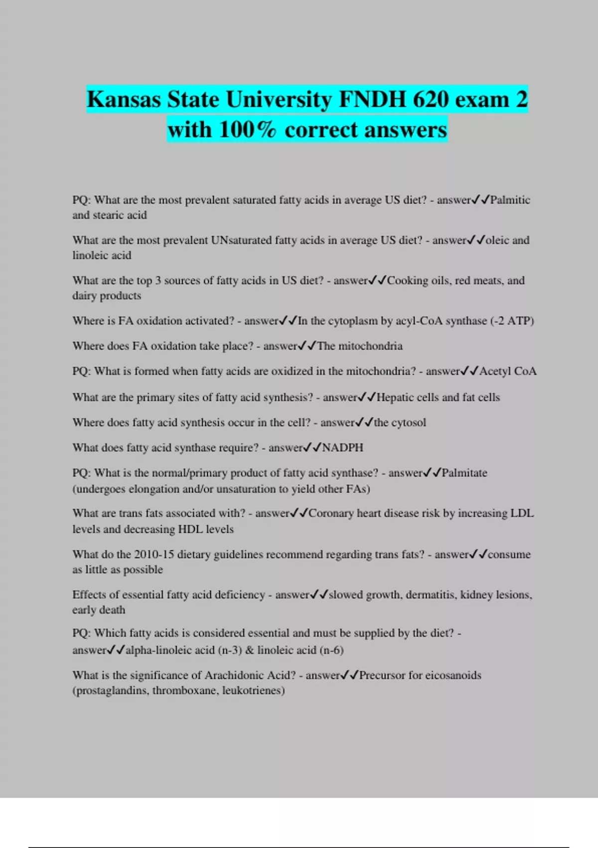 Kansas State University FNDH 620 exam 2 with 100% correct answers ...