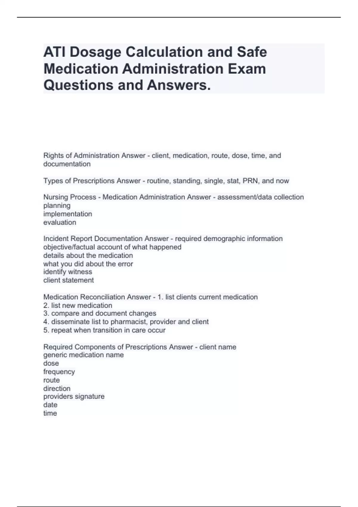 ATI Dosage Calculation and Safe Medication Administration Exam ...