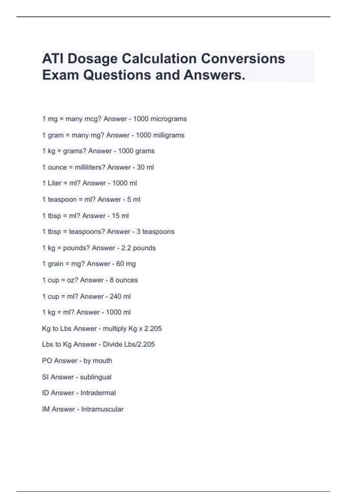 ATI Dosage Calculation Conversions Exam Questions and Answers - ATI ...