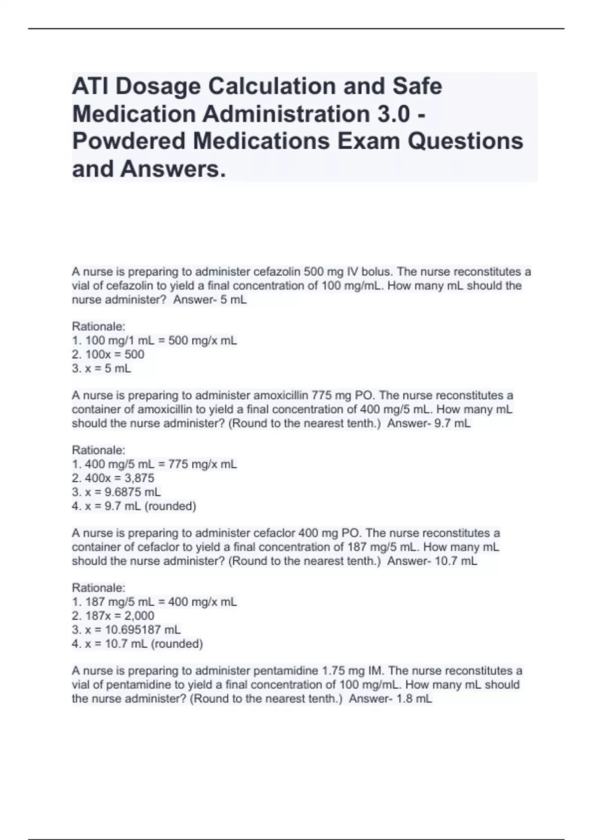 ATI Dosage Calculation and Safe Medication Administration 3.0 - Powdered Medications Exam - ATI ...