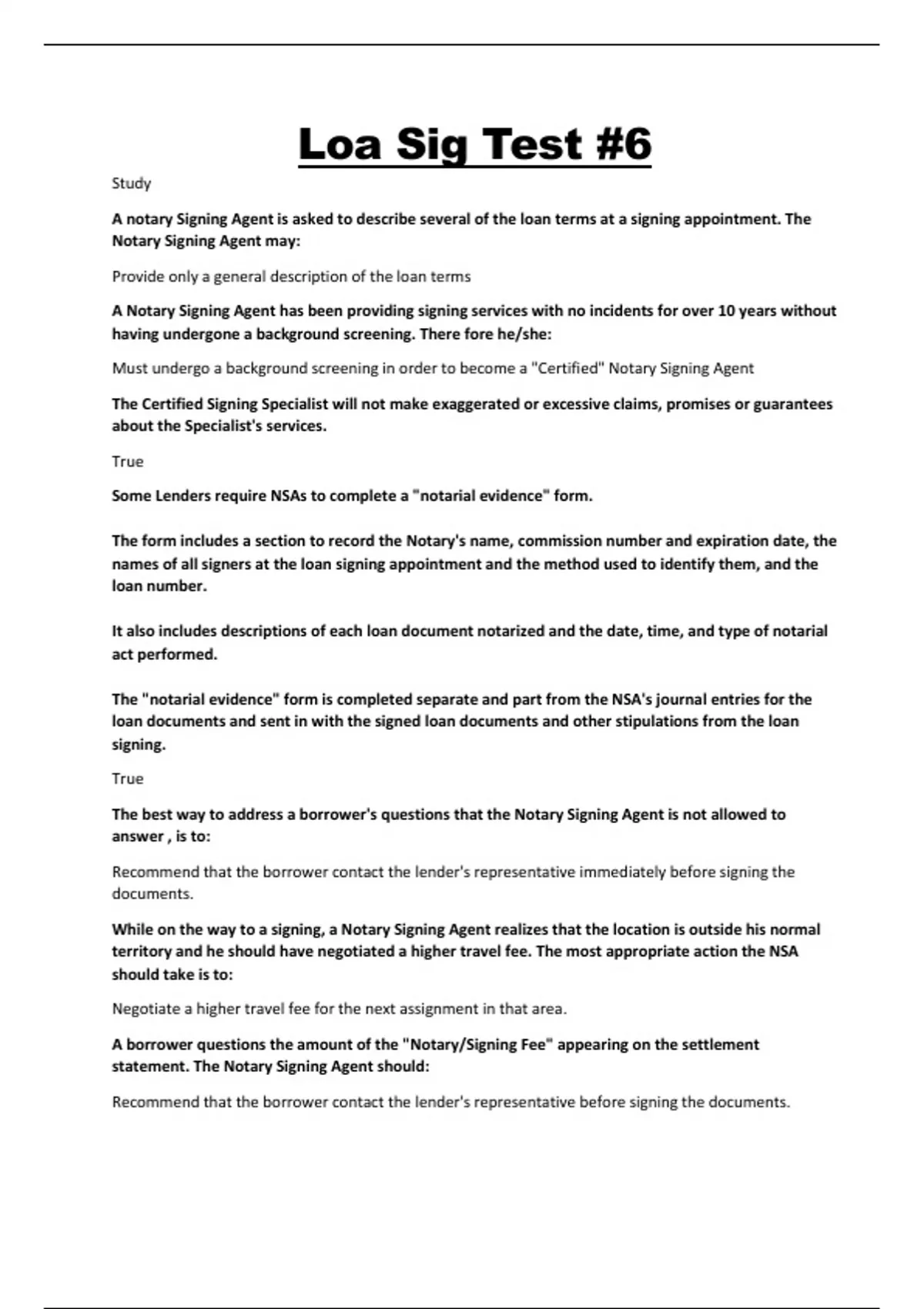 Loa Sig Test #6 with questions and answers - Loa Sig - Stuvia US