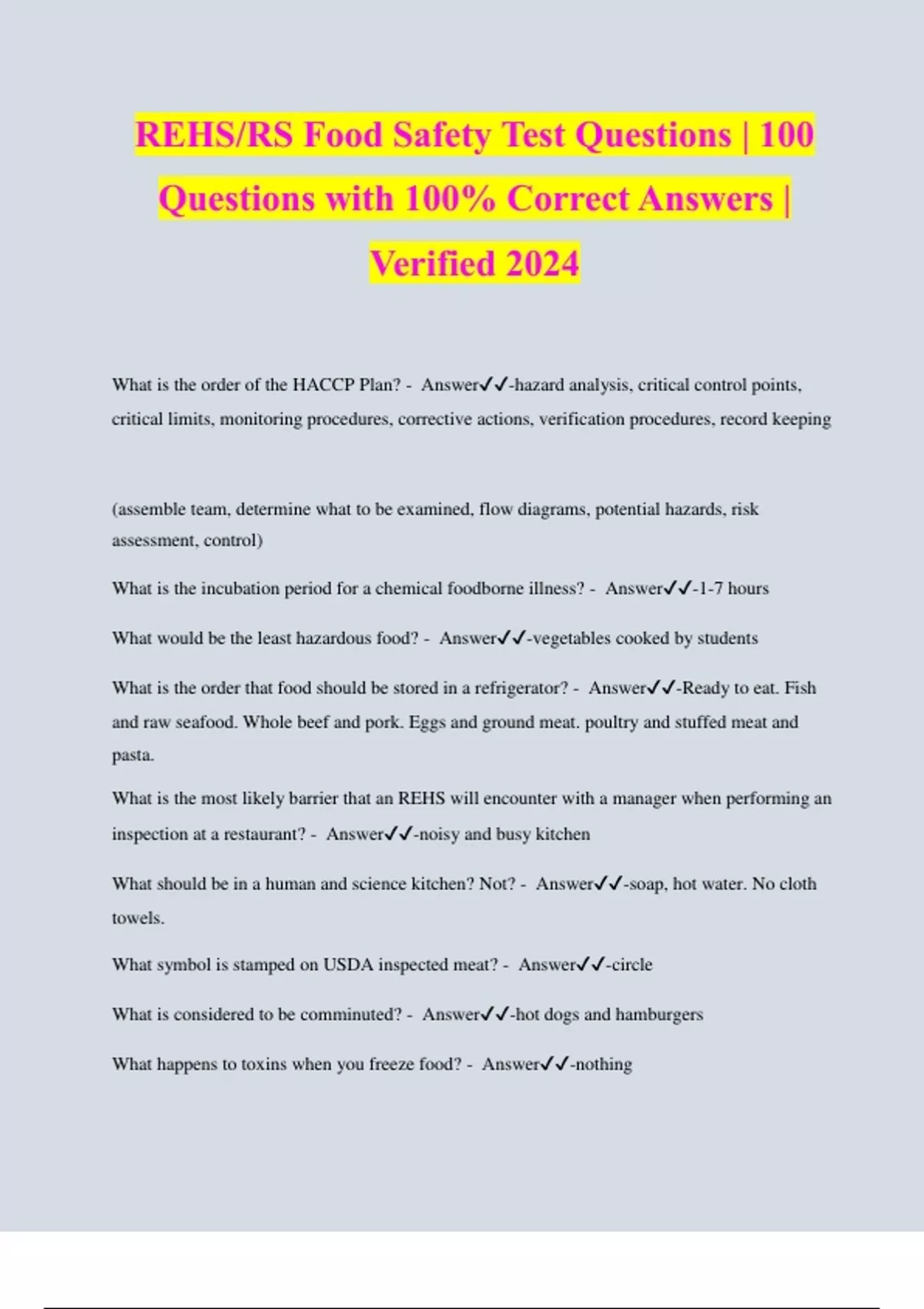 REHS/RS Food Safety Test Questions | 100 Questions with 100% Correct ...