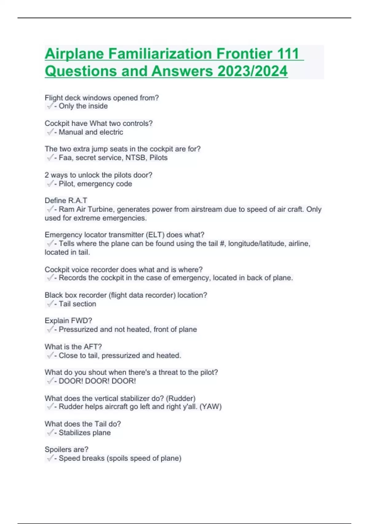 Airplane Familiarization Frontier 111 Questions and Answers - Frontier ...