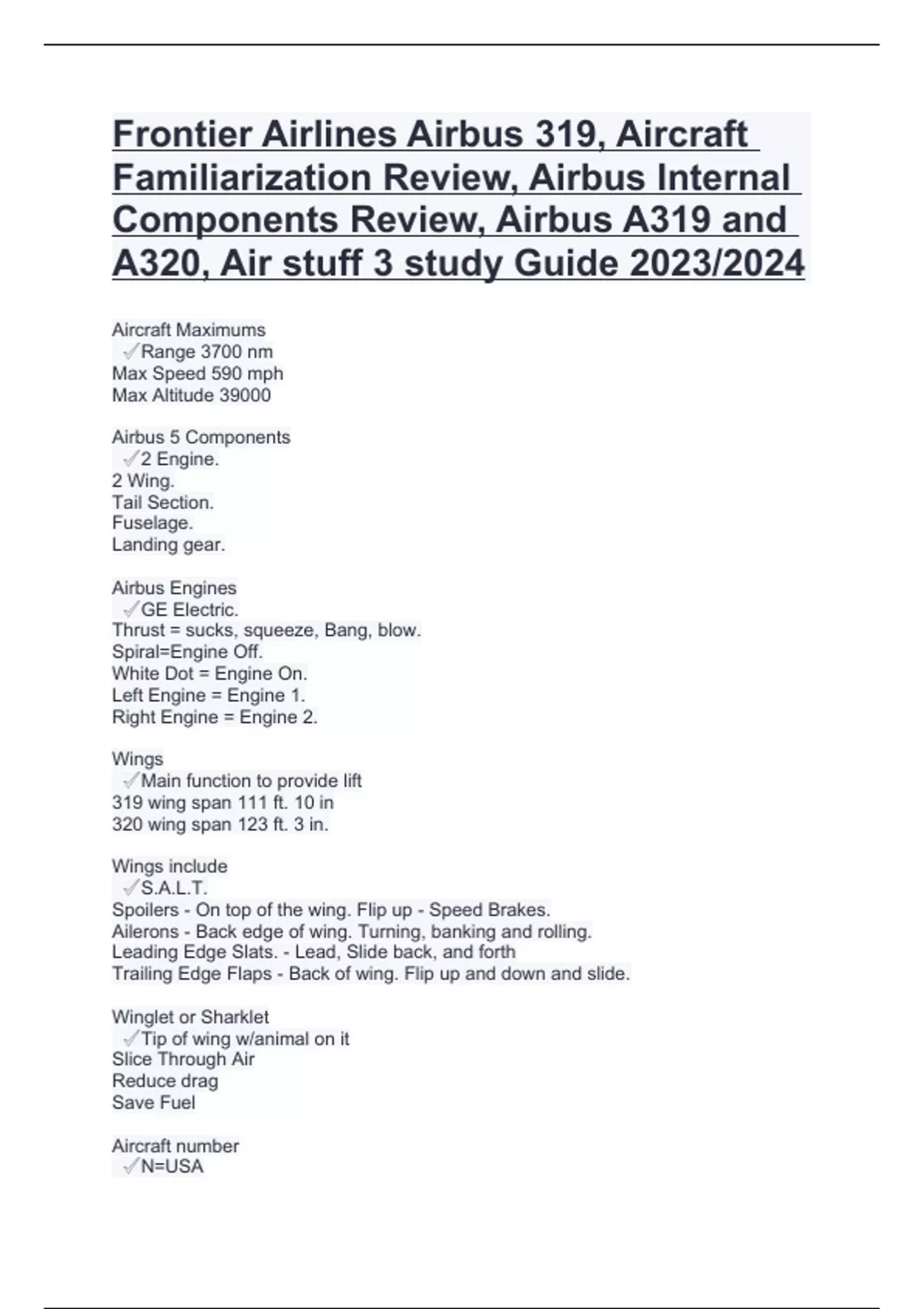 Frontier Airlines Airbus 319, Aircraft Familiarization Review, Airbus Internal Components Review ...