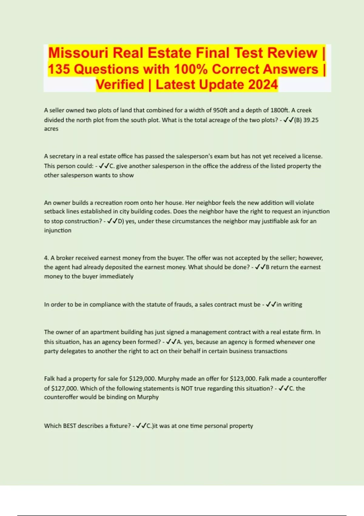 Missouri Real Estate Final Test Review | 135 Questions with 100% ...