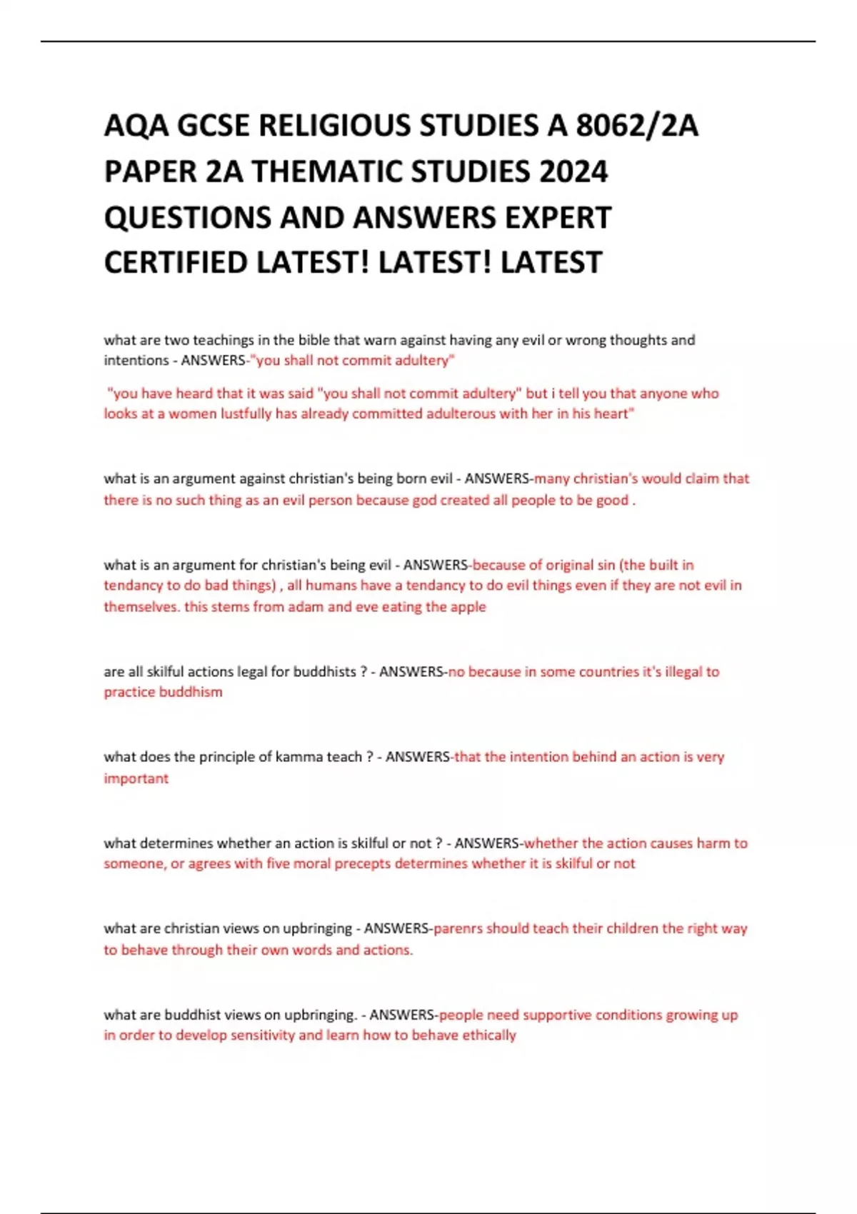 AQA GCSE RELIGIOUS STUDIES A 8062/2A PAPER 2A THEMATIC STUDIES 2024 ...