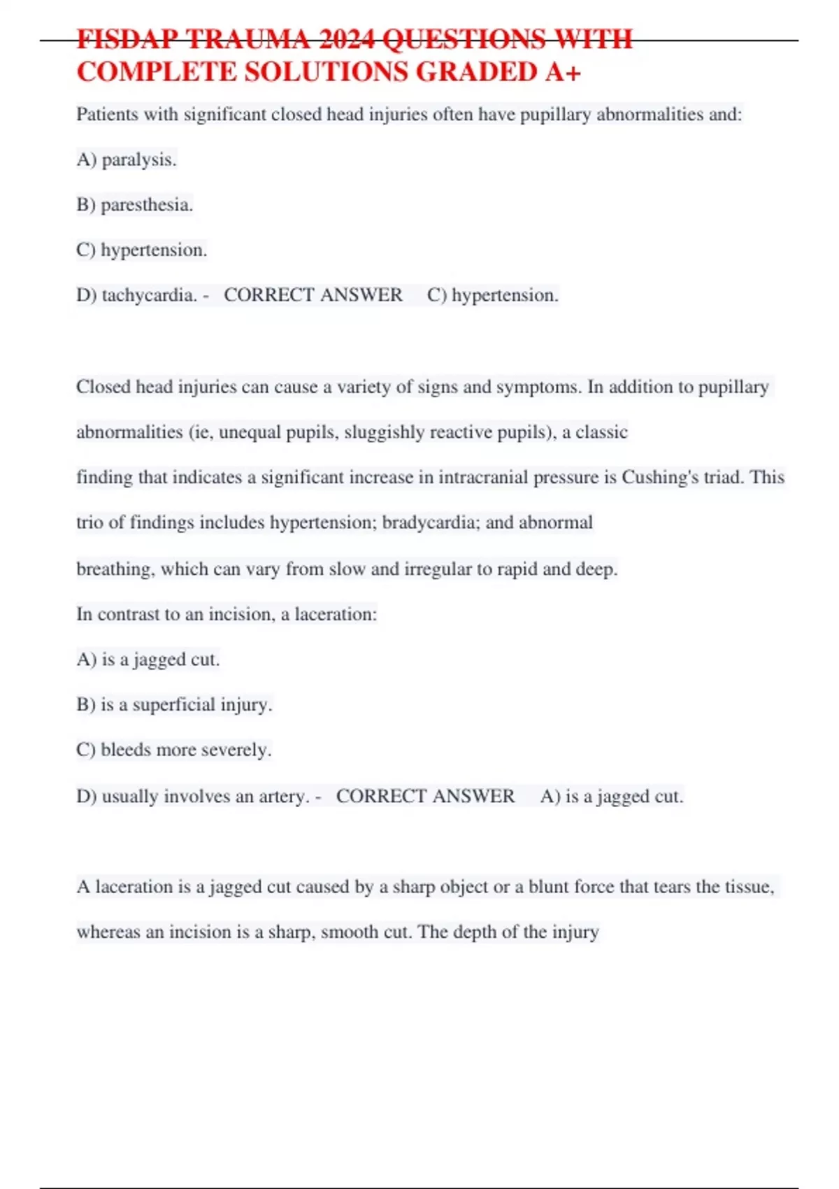 FISDAP TRAUMA 2024 QUESTIONS WITH COMPLETE SOLUTIONS GRADED A+ - FISDAP TRAUMA 2024 - Stuvia US