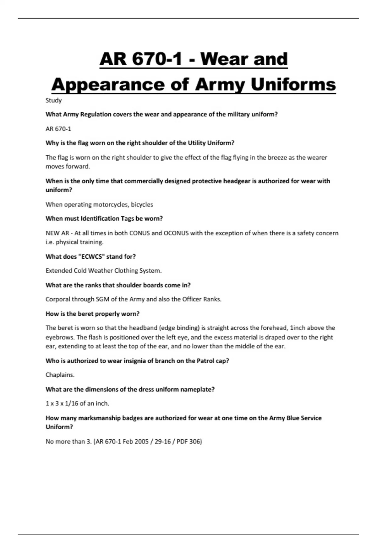 AR 670-1 - Wear and Appearance of Army Uniforms questions and answers - Army Board - Stuvia US