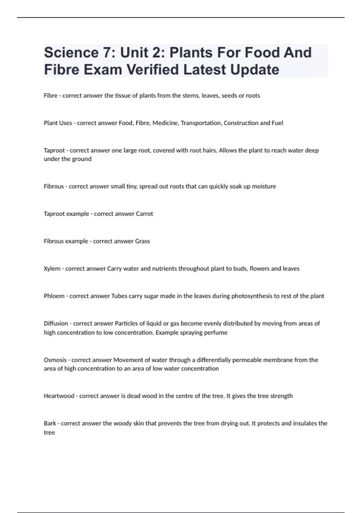Science 7: Unit 2: Plants For Food And Fibre Exam Verified Latest ...