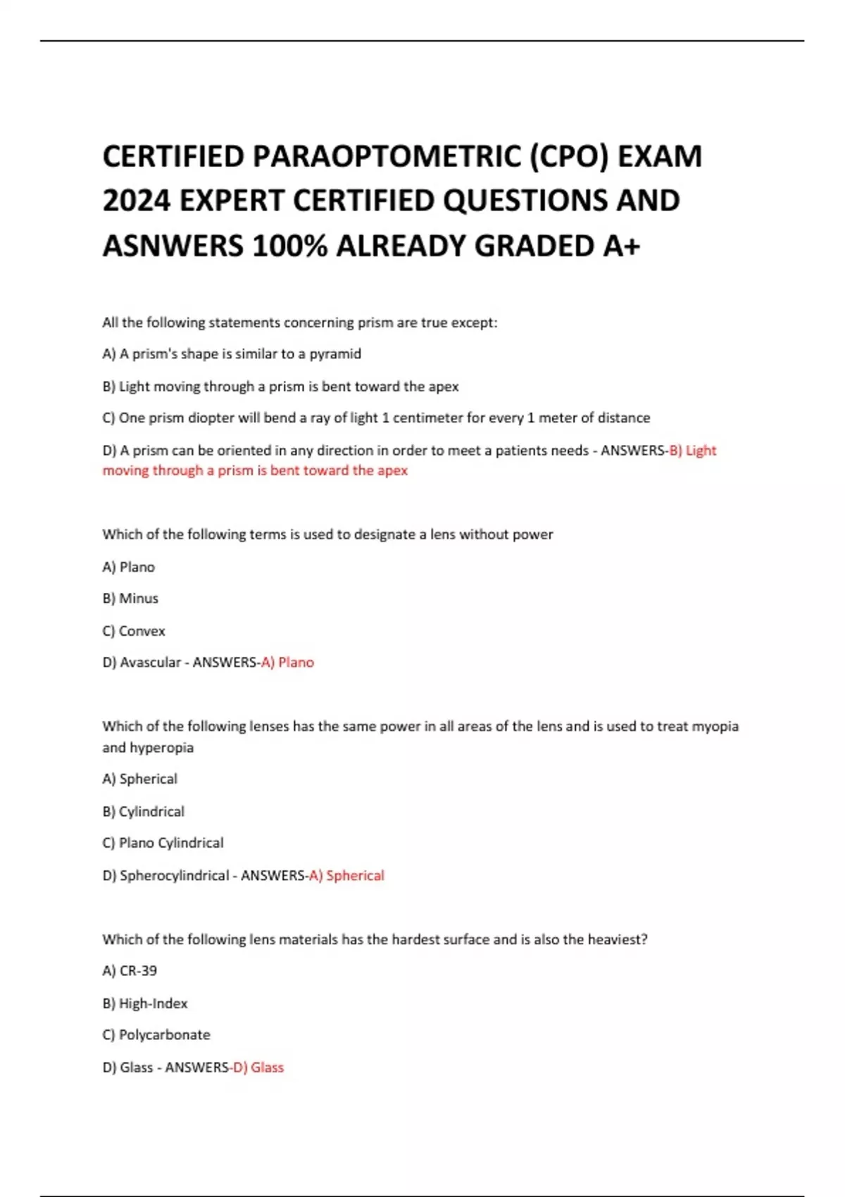 CERTIFIED PARAOPTOMETRIC (CPO) EXAM 2024 EXPERT CERTIFIED QUESTIONS AND ...