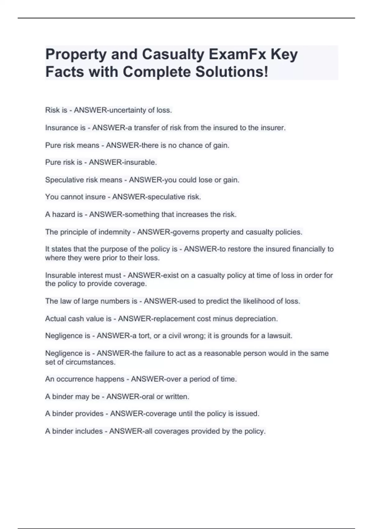 Property and Casualty ExamFx Key Facts with Complete Solutions ...