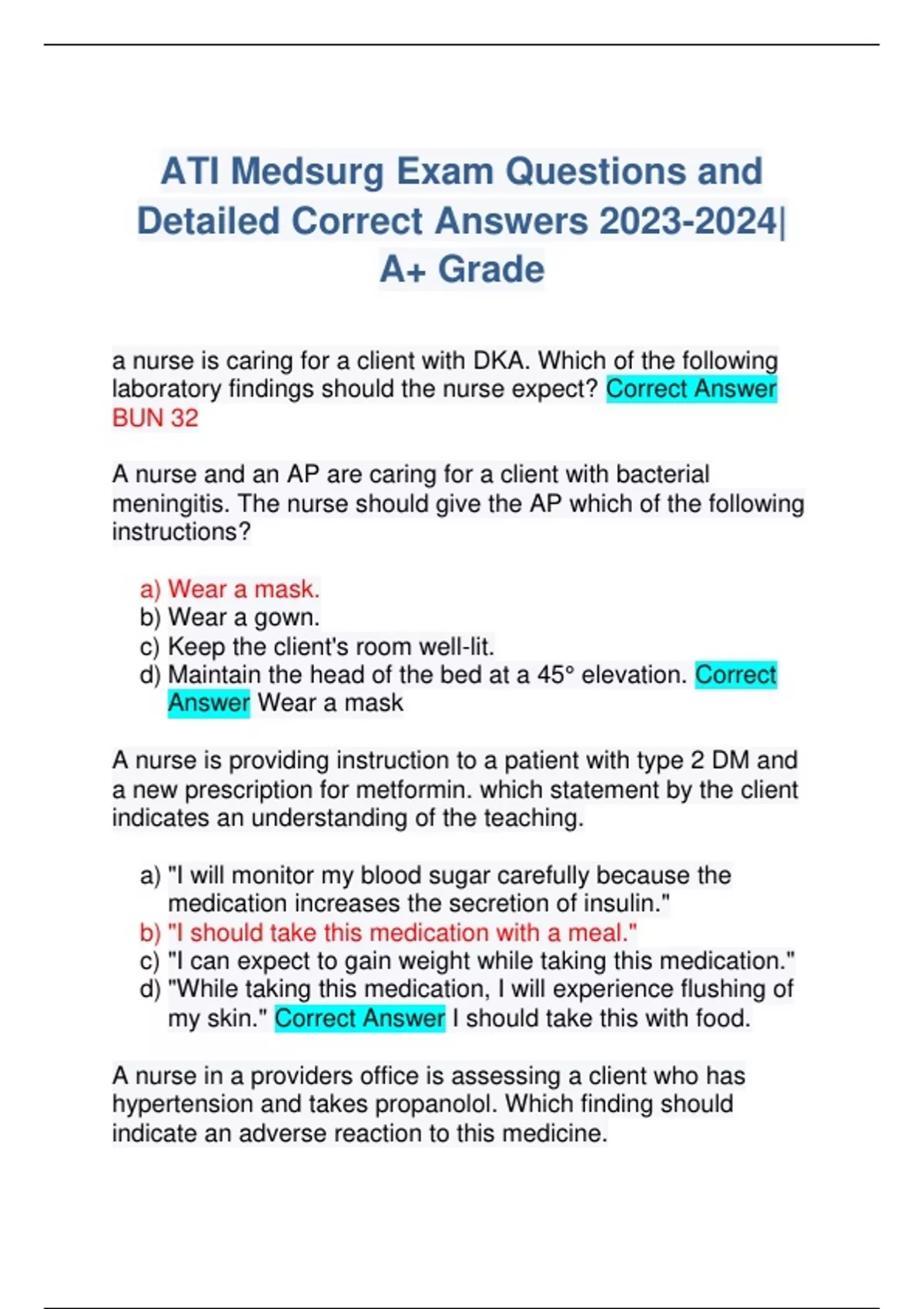 ATI Medsurg Exam Questions and Detailed Correct Answers | A+ Grade ...