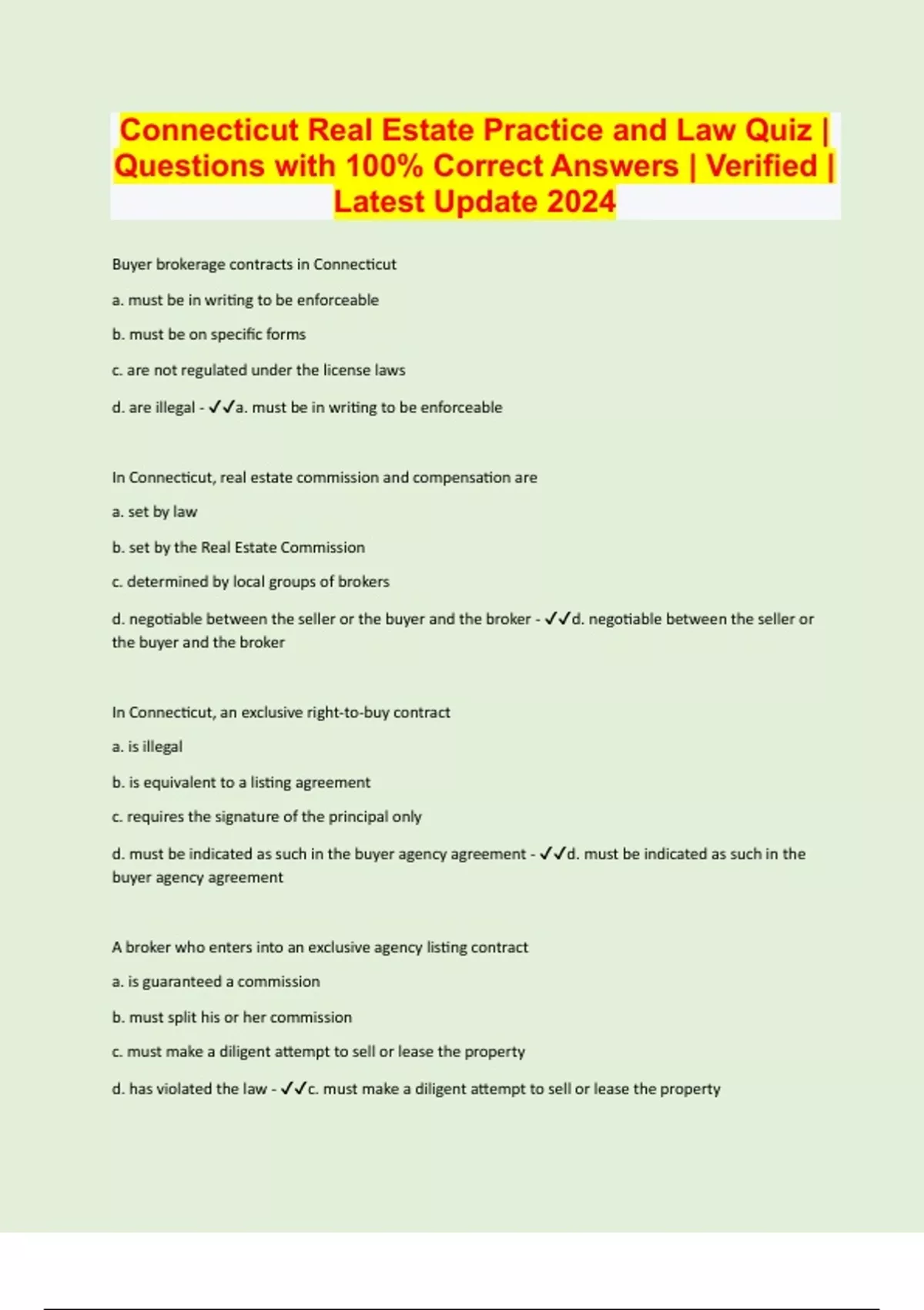 Connecticut Real Estate Practice and Law Quiz | Questions with 100% ...
