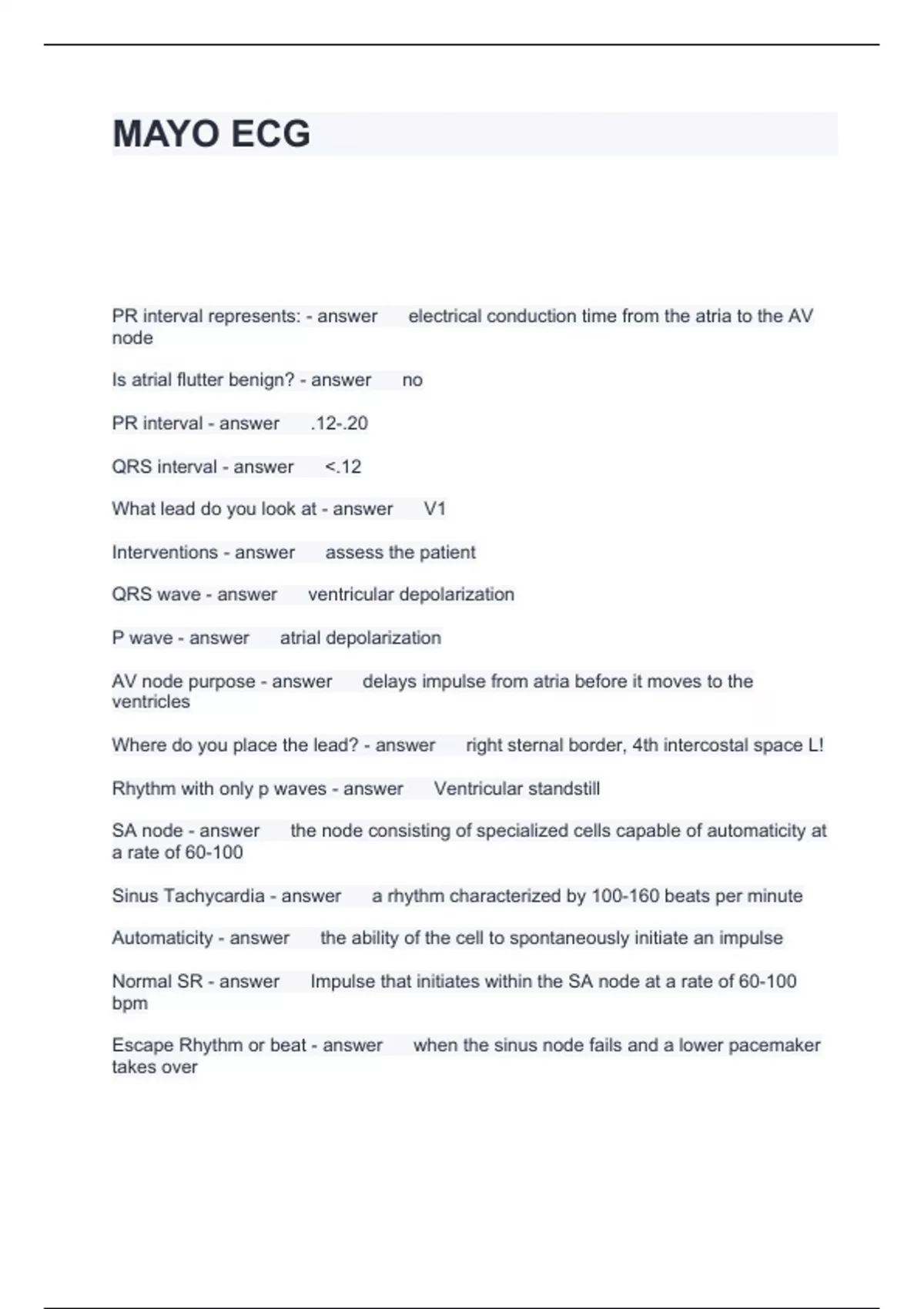 MAYO ECG QUESTIONS AND ANSWERS 2024 - FCCN - Stuvia US