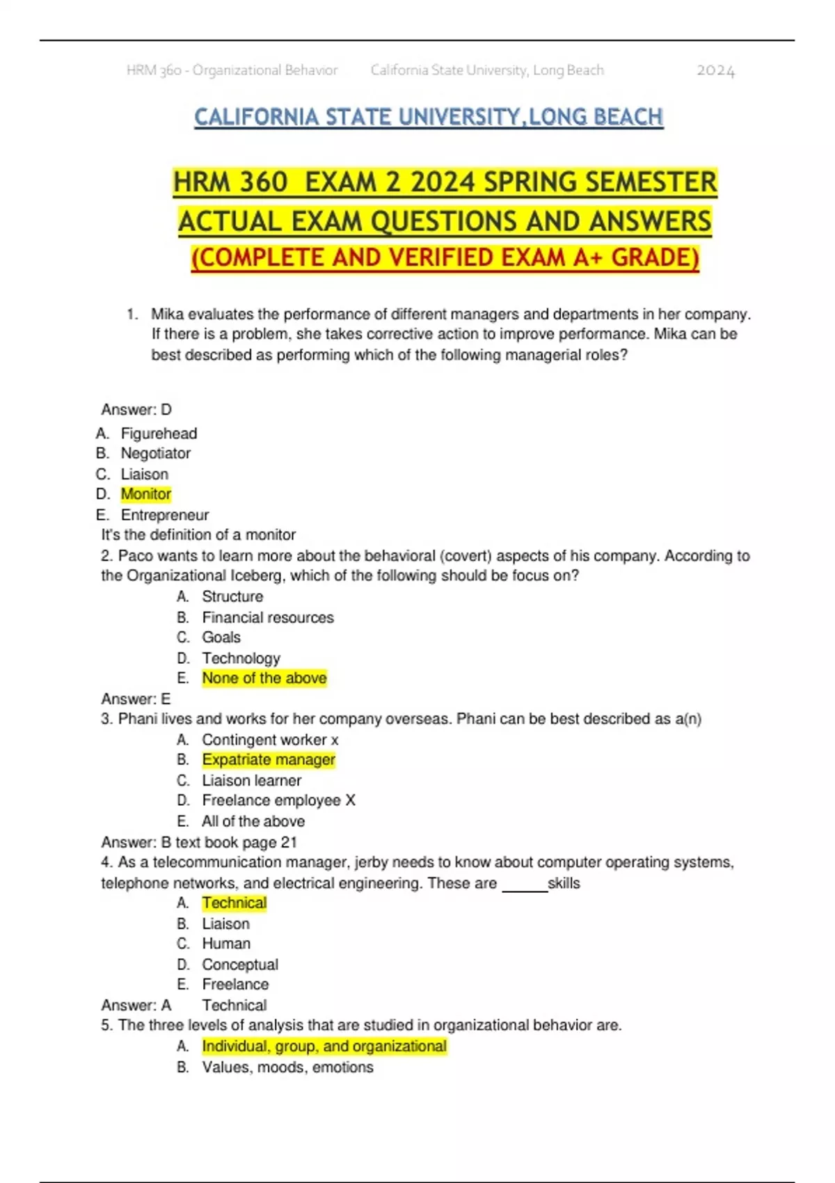 HRM 360 EXAM 2 2024 SPRING SEMESTER ACTUAL EXAM QUESTIONS AND ANSWERS ...