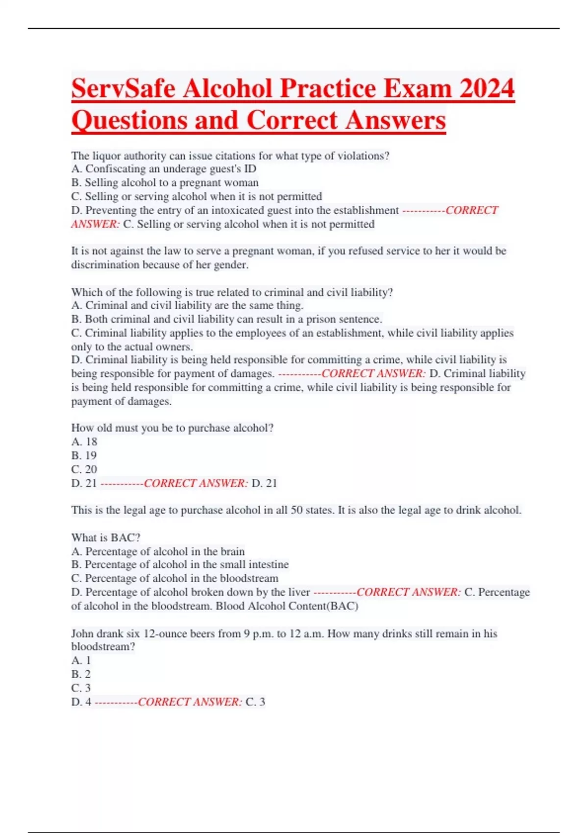 ServSafe Alcohol Practice Exam 2024 Questions And Correct Answers