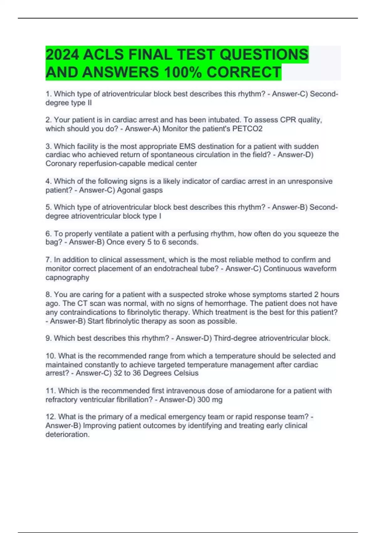 2024 ACLS FINAL TEST QUESTIONS AND ANSWERS 100% CORRECT - 2024 ACLS ...