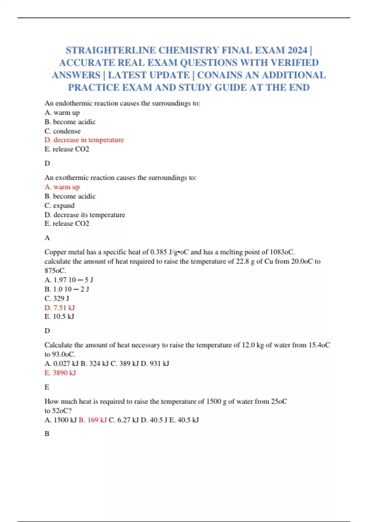 STRAIGHTERLINE CHEMISTRY FINAL EXAM 2024 | ACCURATE REAL EXAM QUESTIONS ...
