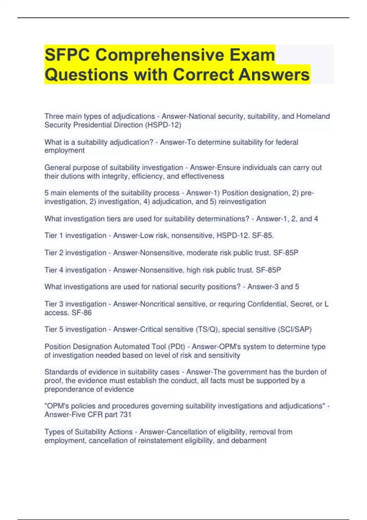 SFPC Comprehensive Exam Questions with Correct Answers - SFPC - Stuvia US