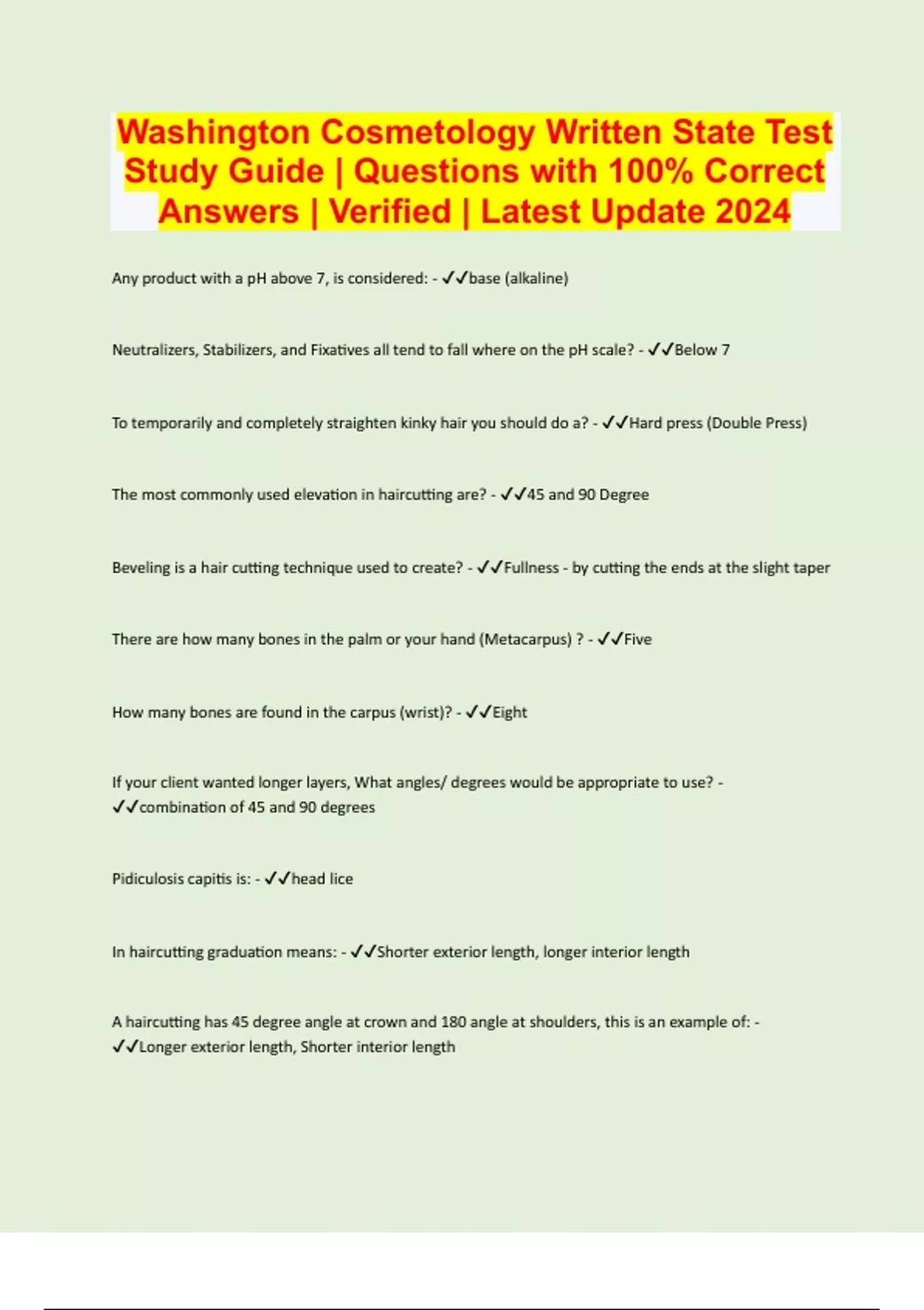 Washington Cosmetology Written State Test Study Guide | Questions with ...