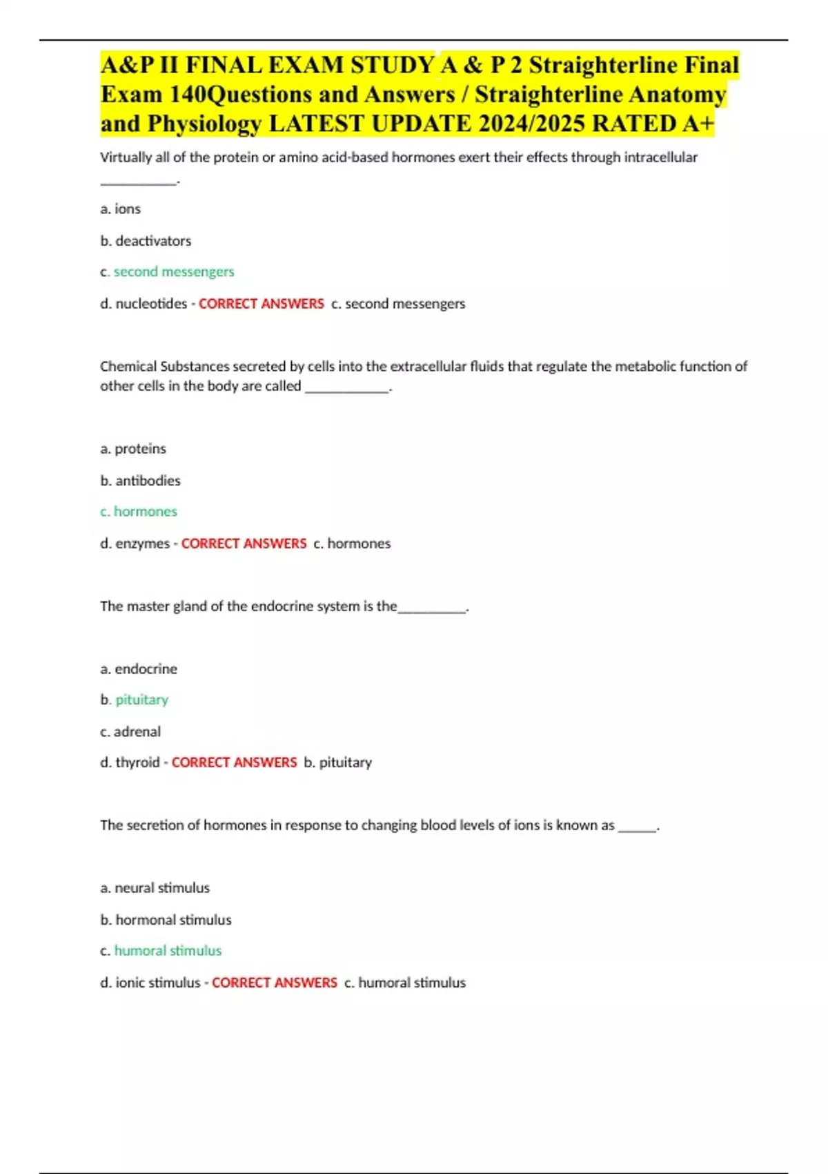 A&P II FINAL EXAM STUDY A & P 2 Straighterline Final Exam 140Questions ...