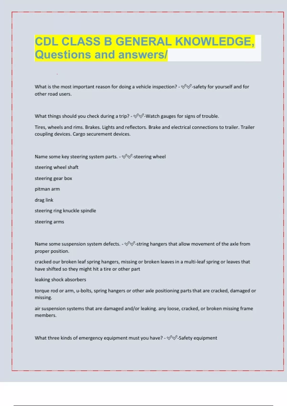 CDL CLASS B GENERAL KNOWLEDGE, Questions and answers/LATEST UPDATES FOR ...