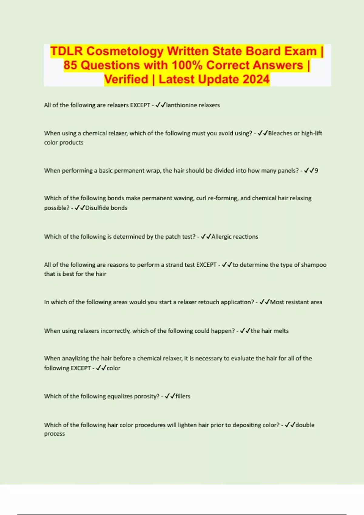 TDLR Cosmetology Written State Board Exam | 85 Questions with 100% ...