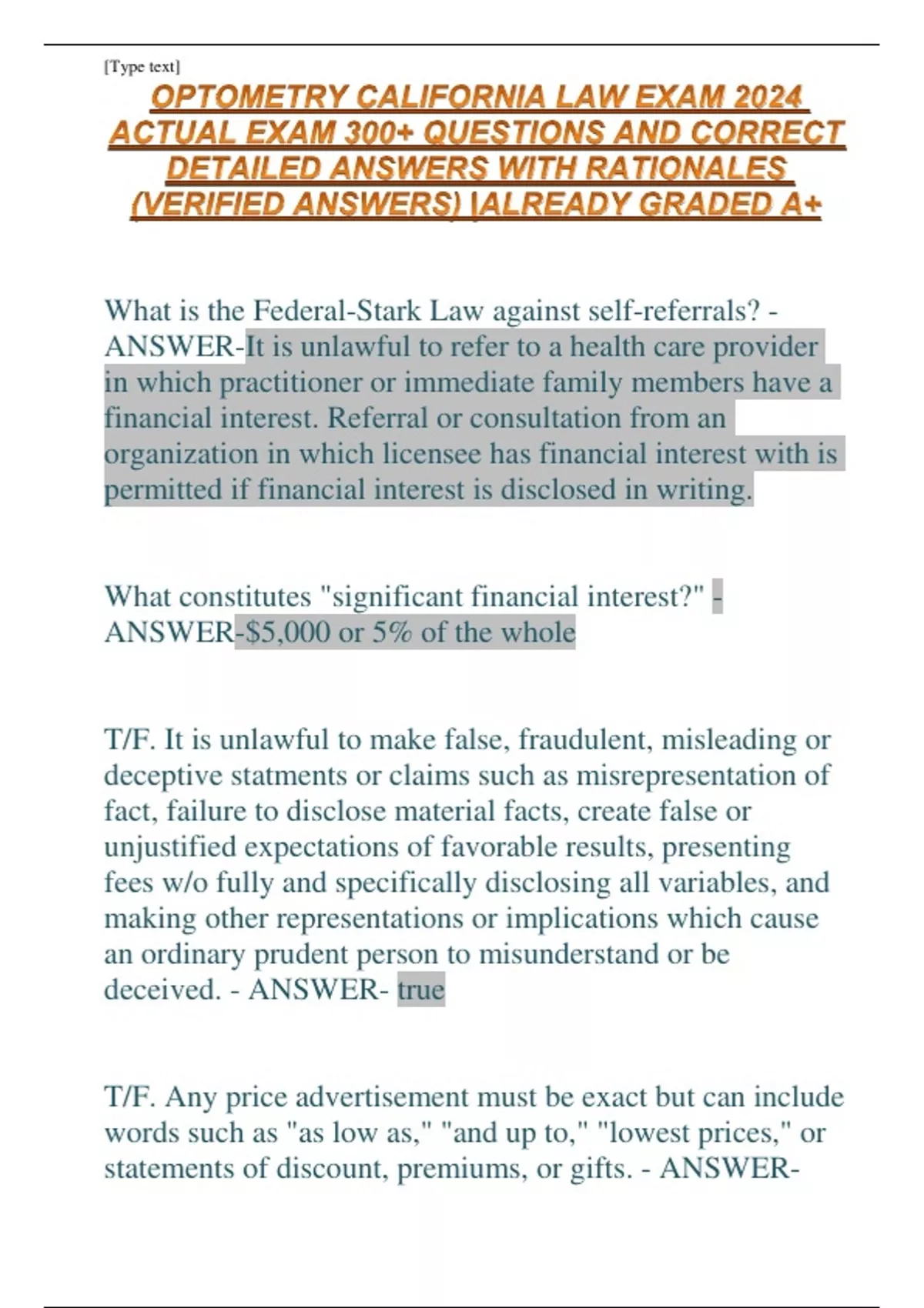 OPTOMETRY CALIFORNIA LAW EXAM LATEST VERSION 2024 ACTUAL EXAM 300 ...